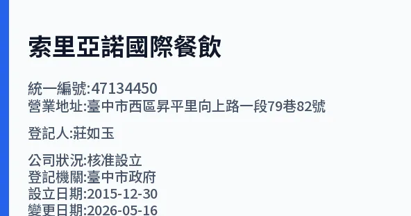 索里亞諾國際餐飲的照片-統編 47134450(臺中市) 公司登記資料與營業項目詳細圖表