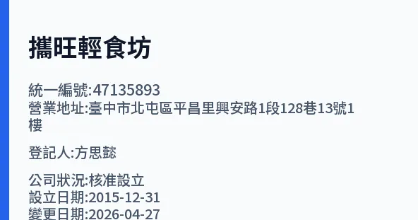 攜旺輕食坊的照片-統編 47135893(臺中市) 公司登記資料與營業項目詳細圖表
