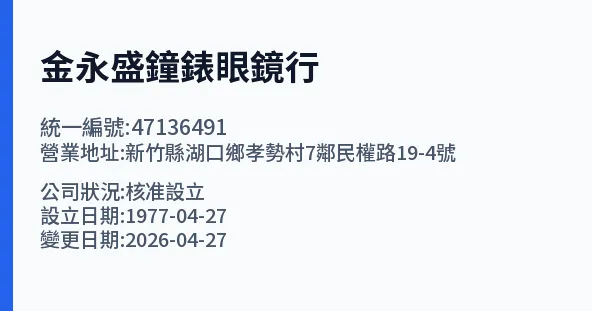 金永盛鐘錶眼鏡行的照片-統編 47136491(新竹縣) 公司登記資料與營業項目詳細圖表
