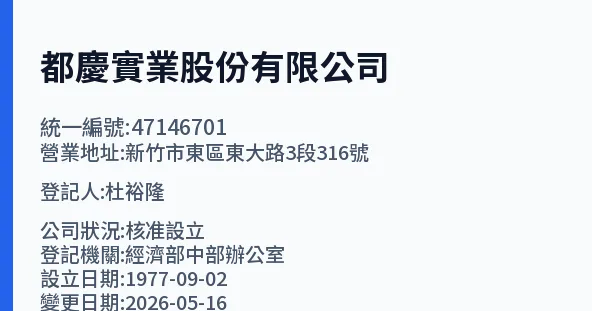 都慶實業股份有限公司的照片-統編 47146701(新竹市) 公司登記資料與營業項目詳細圖表