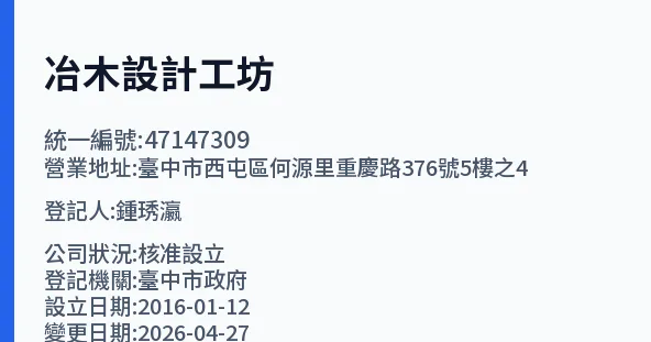 冶木設計工坊的照片-統編 47147309(臺中市) 公司登記資料與營業項目詳細圖表