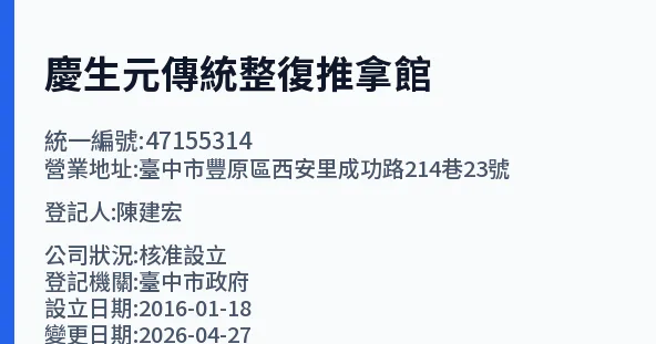 慶生元傳統整復推拿館的照片-統編 47155314(臺中市) 公司登記資料與營業項目詳細圖表