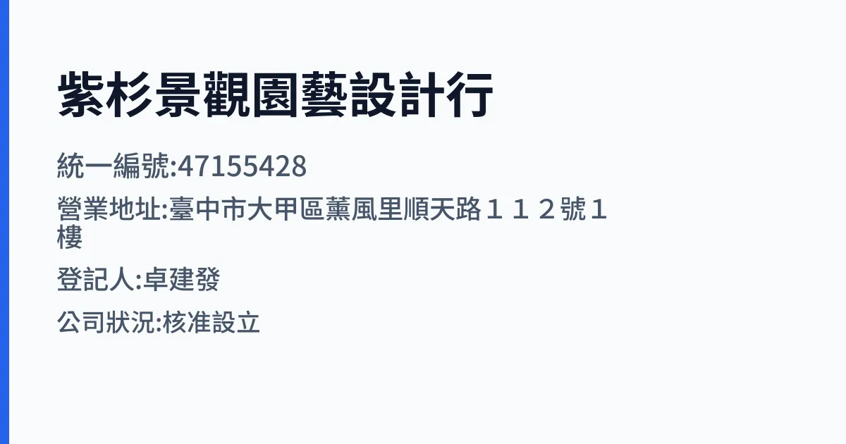 紫杉景觀園藝設計行 - 統編 47155428(臺中市) 公司登記資料與營業項目詳細圖表