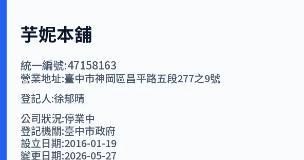 芋妮本舖的照片-統編 47158163(臺中市) 公司登記資料與營業項目詳細圖表
