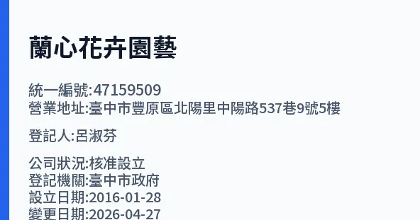 蘭心花卉園藝的照片-統編 47159509(臺中市) 公司登記資料與營業項目詳細圖表