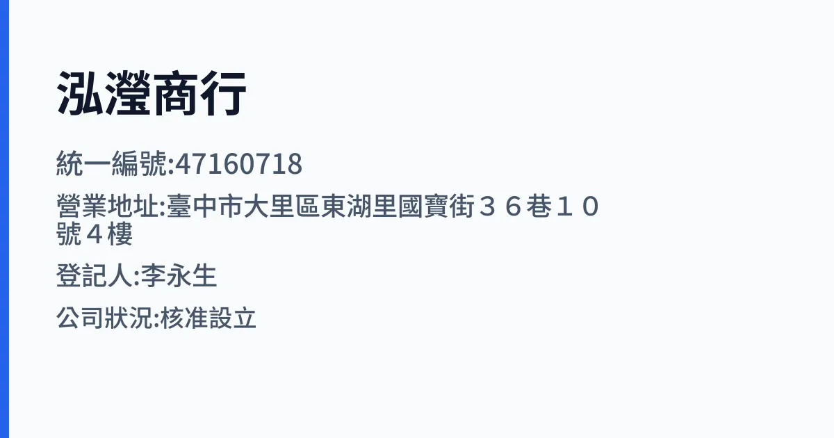 泓瀅商行 - 統編 47160718(臺中市) 公司登記資料與營業項目詳細圖表
