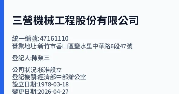 三營機械工程股份有限公司的照片-統編 47161110(新竹市) 公司登記資料與營業項目詳細圖表
