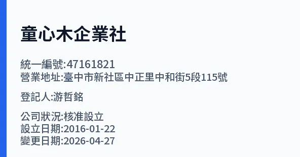 童心木企業社的照片-統編 47161821(臺中市) 公司登記資料與營業項目詳細圖表