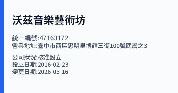 沃茲音樂藝術坊的照片-統編 47163172(臺中市) 公司登記資料與營業項目詳細圖表