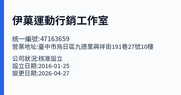 伊菓運動行銷工作室的照片-統編 47163659(臺中市) 公司登記資料與營業項目詳細圖表