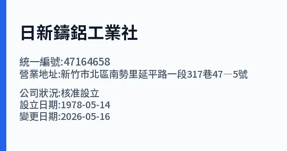 日新鑄鋁工業社的照片-統編 47164658(新竹市) 公司登記資料與營業項目詳細圖表