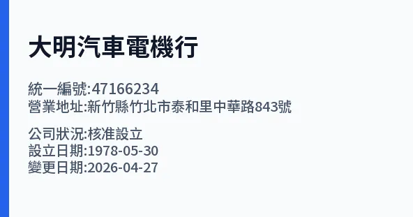 大明汽車電機行的照片-統編 47166234(新竹縣) 公司登記資料與營業項目詳細圖表