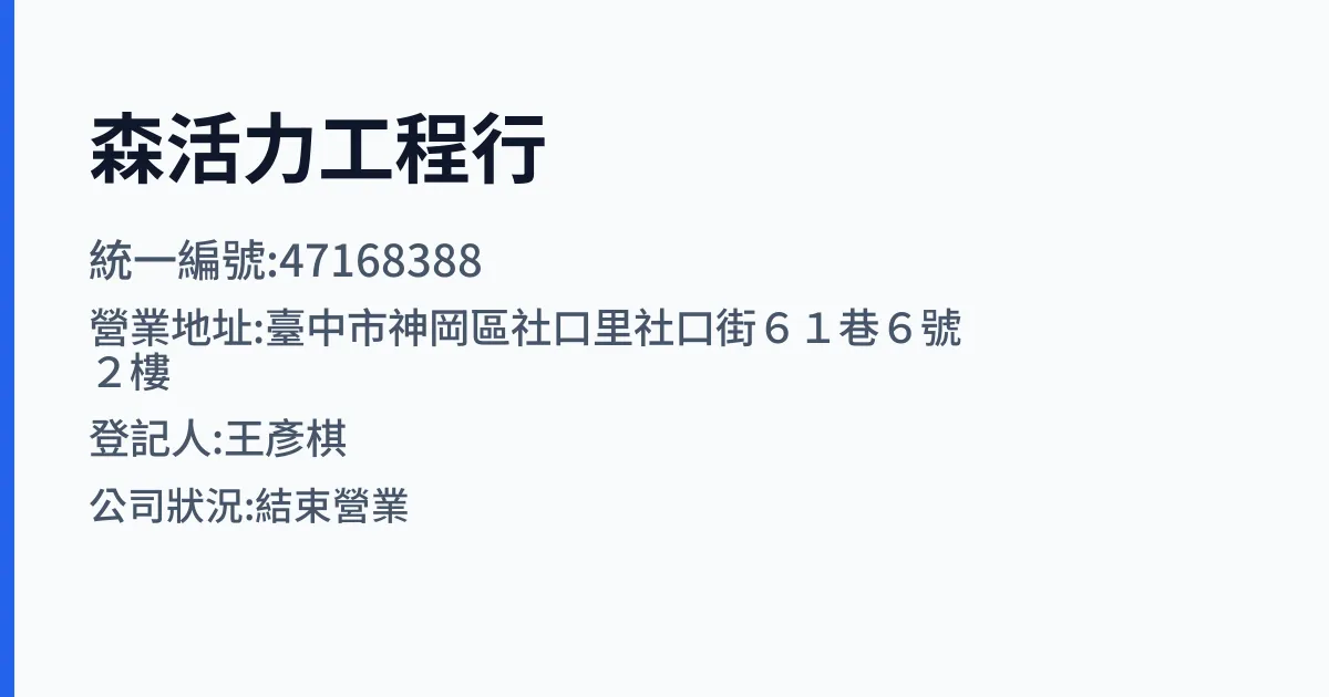 森活力工程行 - 統編 47168388(臺中市) 公司登記資料與營業項目詳細圖表