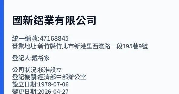 國新鋁業有限公司的照片-統編 47168845(新竹縣) 公司登記資料與營業項目詳細圖表