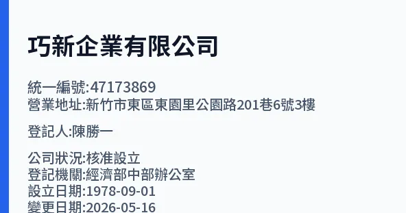 巧新企業有限公司的照片-統編 47173869(新竹市) 公司登記資料與營業項目詳細圖表