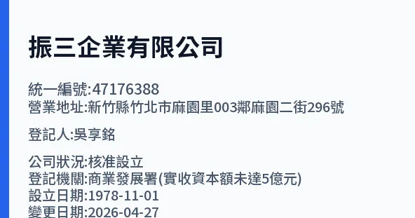 振三企業有限公司的照片-統編 47176388(新竹縣) 公司登記資料與營業項目詳細圖表