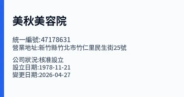 美秋美容院的照片-統編 47178631(新竹縣) 公司登記資料與營業項目詳細圖表