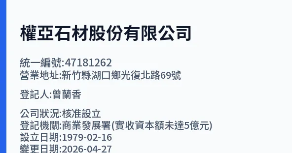 權亞石材股份有限公司的照片-統編 47181262(新竹縣) 公司登記資料與營業項目詳細圖表