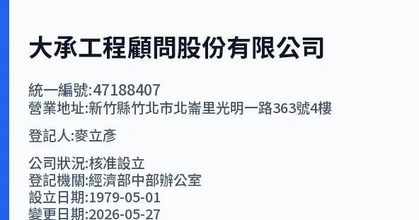 大承工程顧問股份有限公司的照片-統編 47188407(新竹縣) 公司登記資料與營業項目詳細圖表