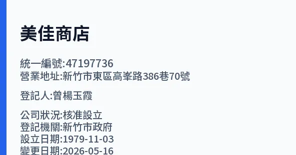 美佳商店的照片-統編 47197736(新竹市) 公司登記資料與營業項目詳細圖表