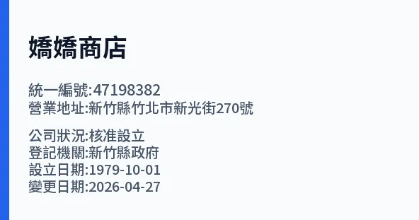 嬌嬌商店的照片-統編 47198382(新竹縣) 公司登記資料與營業項目詳細圖表