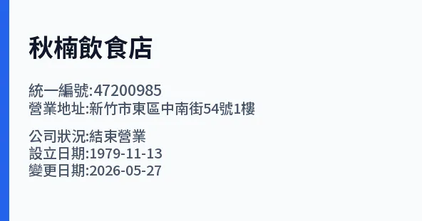 秋楠飲食店的照片-統編 47200985(新竹市) 公司登記資料與營業項目詳細圖表