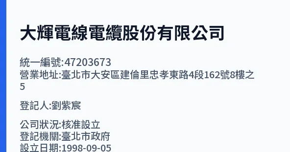 大輝電線電纜股份有限公司的照片-統編 47203673(臺北市) 公司登記資料與營業項目詳細圖表