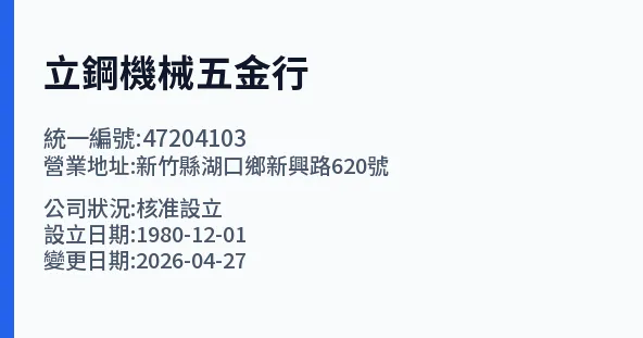 立鋼機械五金行的照片-統編 47204103(新竹縣) 公司登記資料與營業項目詳細圖表
