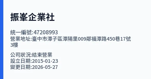 振峯企業社的照片-統編 47208993(臺中市) 公司登記資料與營業項目詳細圖表