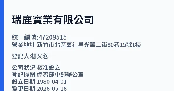瑞鹿實業有限公司的照片-統編 47209515(新竹市) 公司登記資料與營業項目詳細圖表