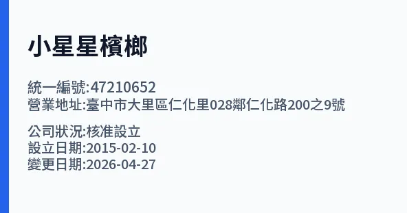 小星星檳榔的照片-統編 47210652(臺中市) 公司登記資料與營業項目詳細圖表