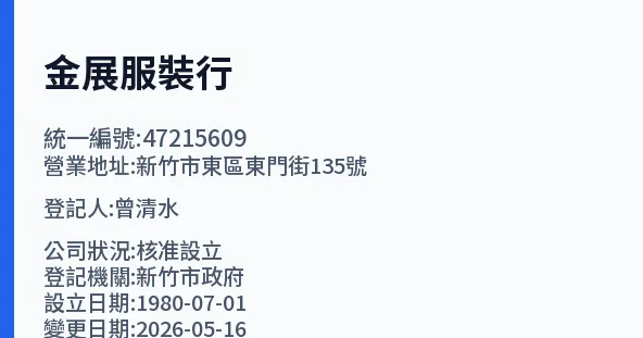金展服裝行的照片-統編 47215609(新竹市) 公司登記資料與營業項目詳細圖表