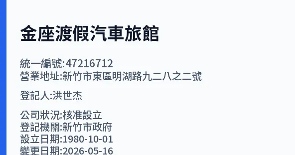 金座渡假汽車旅館的照片-統編 47216712(新竹市) 公司登記資料與營業項目詳細圖表