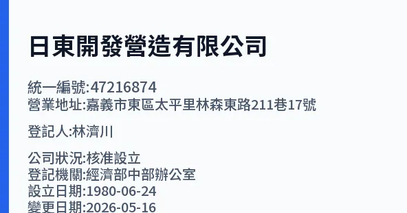 日東開發營造有限公司的照片-統編 47216874(嘉義市) 公司登記資料與營業項目詳細圖表