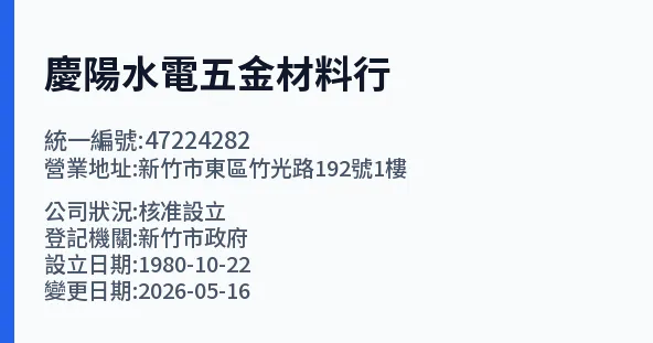 慶陽水電五金材料行的照片-統編 47224282(新竹市) 公司登記資料與營業項目詳細圖表