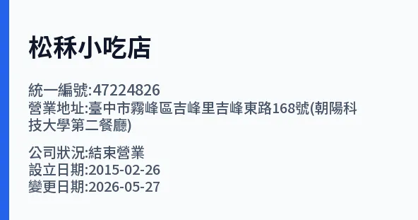 松秝小吃店的照片-統編 47224826(臺中市) 公司登記資料與營業項目詳細圖表