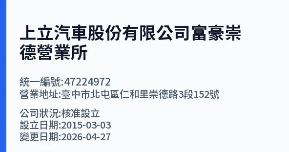 上立汽車股份有限公司富豪崇德營業所的照片-統編 47224972(臺中市) 公司登記資料與營業項目詳細圖表