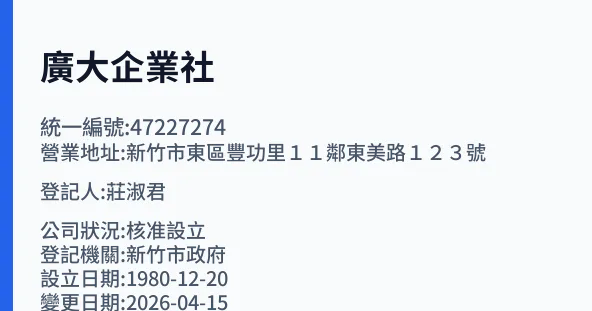 廣大企業社的照片-統編 47227274(新竹市) 公司登記資料與營業項目詳細圖表