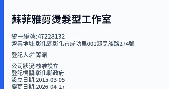 蘇菲雅剪燙髮型工作室的照片-統編 47228132(彰化縣) 公司登記資料與營業項目詳細圖表