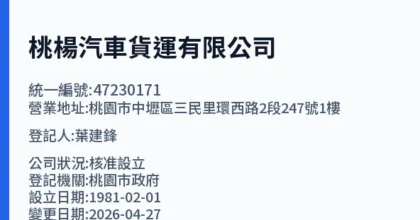 桃楊汽車貨運有限公司的照片-統編 47230171(桃園市) 公司登記資料與營業項目詳細圖表