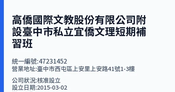 高僑國際文教股份有限公司附設臺中市私立宜僑文理短期補習班的照片-統編 47231452(臺中市) 公司登記資料與營業項目詳細圖表