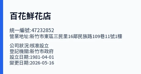百花鮮花店的照片-統編 47232852(新竹市) 公司登記資料與營業項目詳細圖表