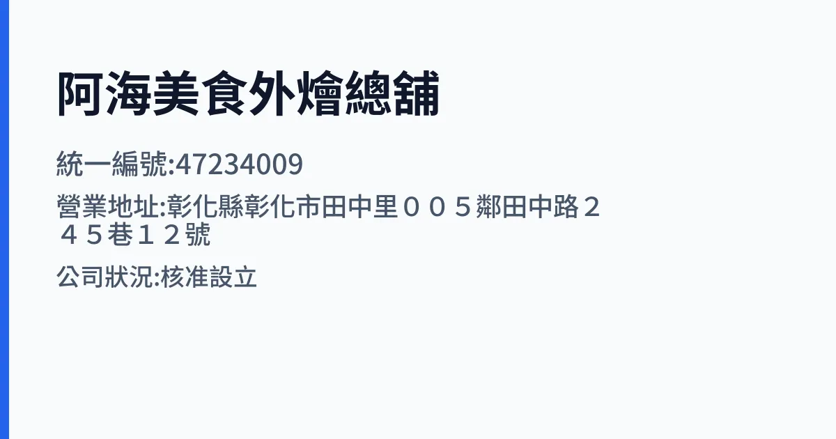 阿海美食外燴總舖 - 統編 47234009(彰化縣) 公司登記資料與營業項目詳細圖表