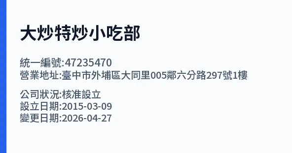 大炒特炒小吃部的照片-統編 47235470(臺中市) 公司登記資料與營業項目詳細圖表