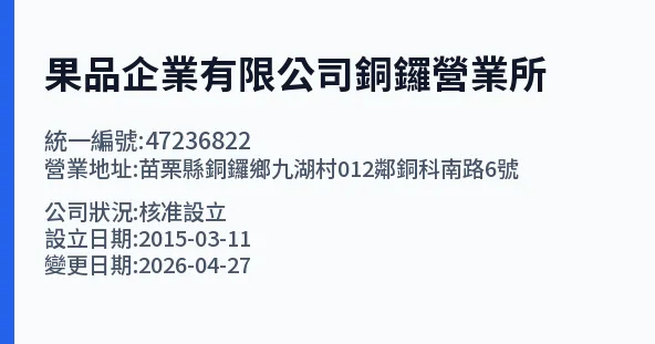 果品企業有限公司銅鑼營業所的照片-統編 47236822(苗栗縣) 公司登記資料與營業項目詳細圖表