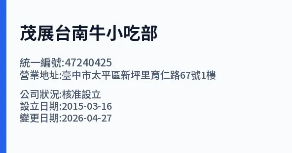 茂展台南牛小吃部的照片-統編 47240425(臺中市) 公司登記資料與營業項目詳細圖表