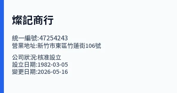 燦記商行的照片-統編 47254243(新竹市) 公司登記資料與營業項目詳細圖表