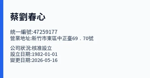 蔡劉春心的照片-統編 47259177(新竹市) 公司登記資料與營業項目詳細圖表