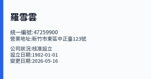 羅雪雲的照片-統編 47259900(新竹市) 公司登記資料與營業項目詳細圖表
