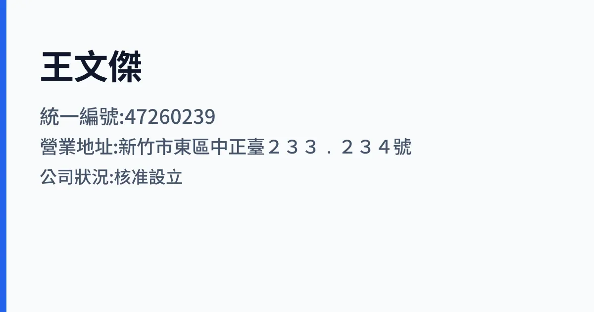 王文傑 - 統編 47260239(新竹市) 公司登記資料與營業項目詳細圖表
